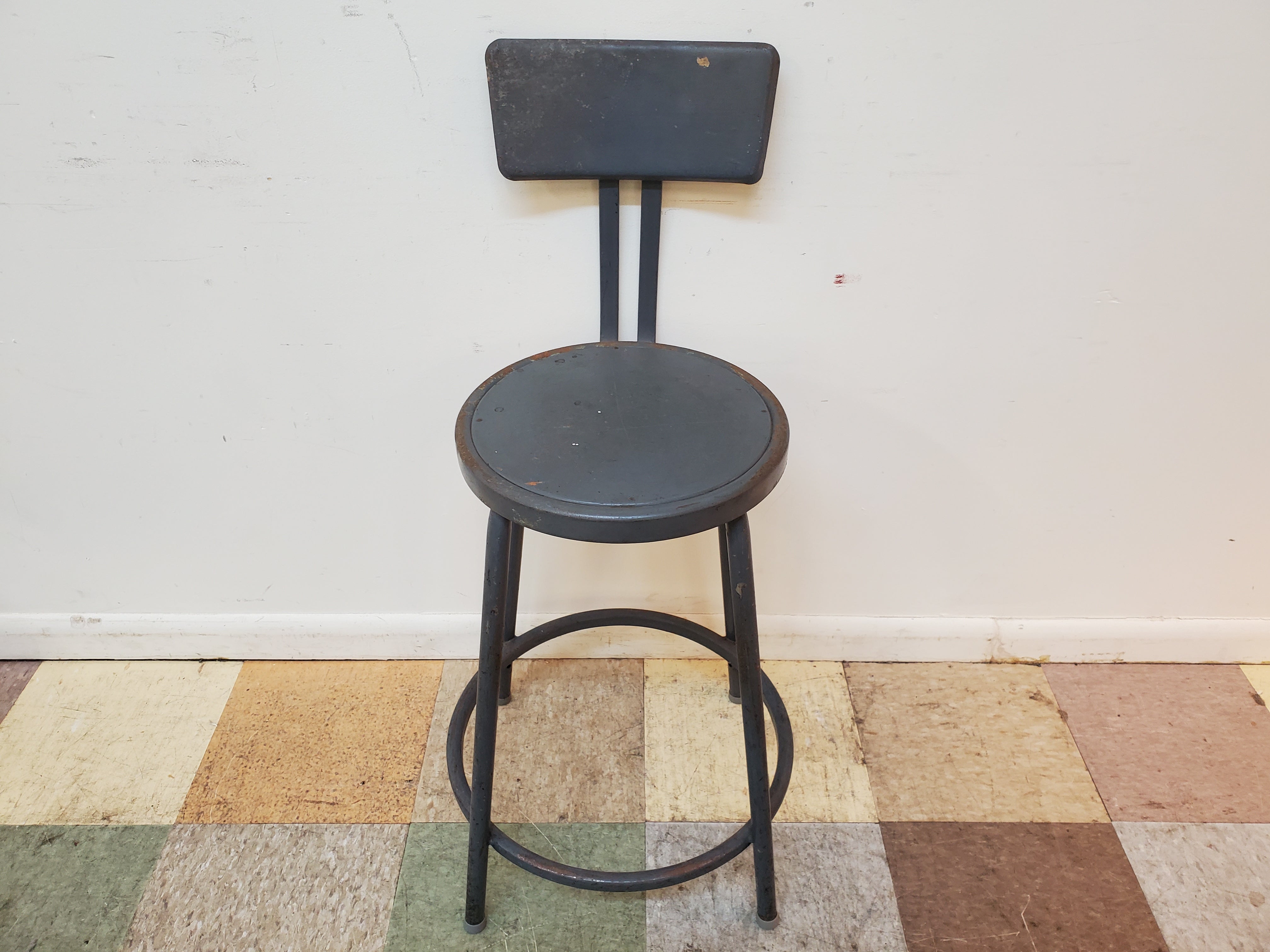 Vintage Metal Industrial Stool With Back Rest – Antiques To Present
